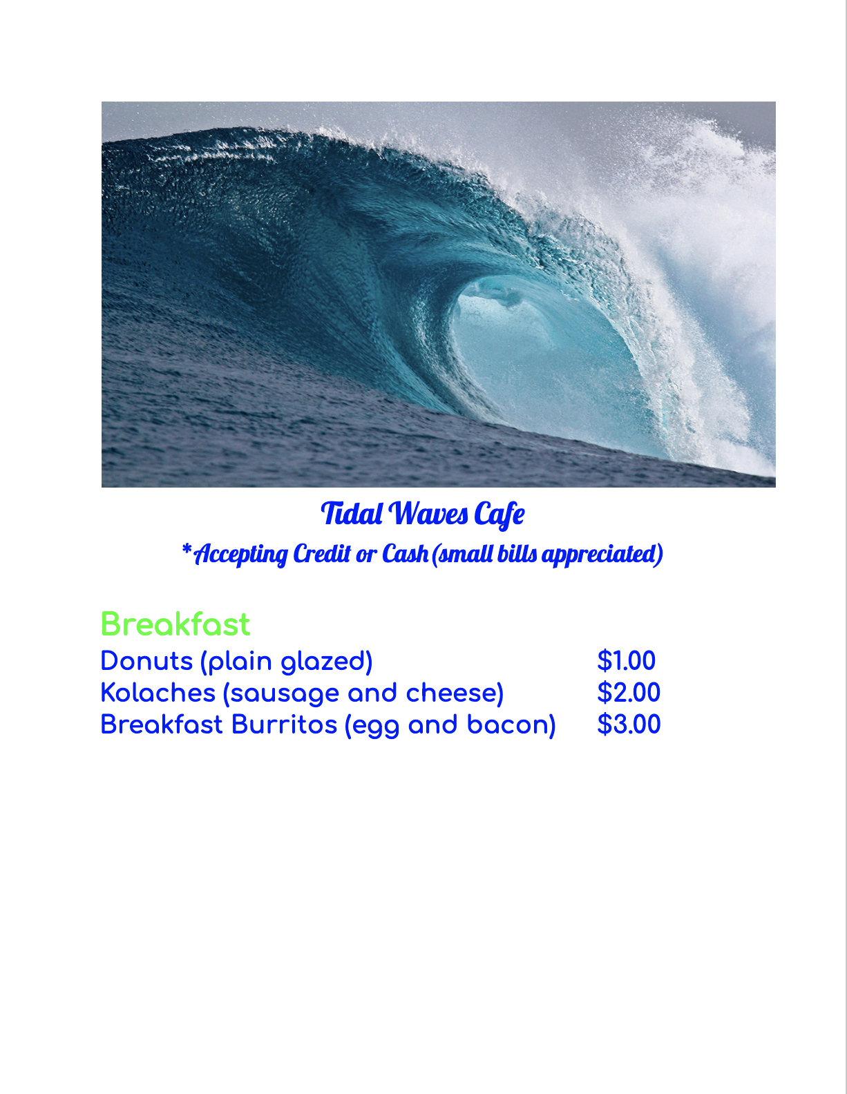 Tidal Wave Cafe Menu - Terranova West