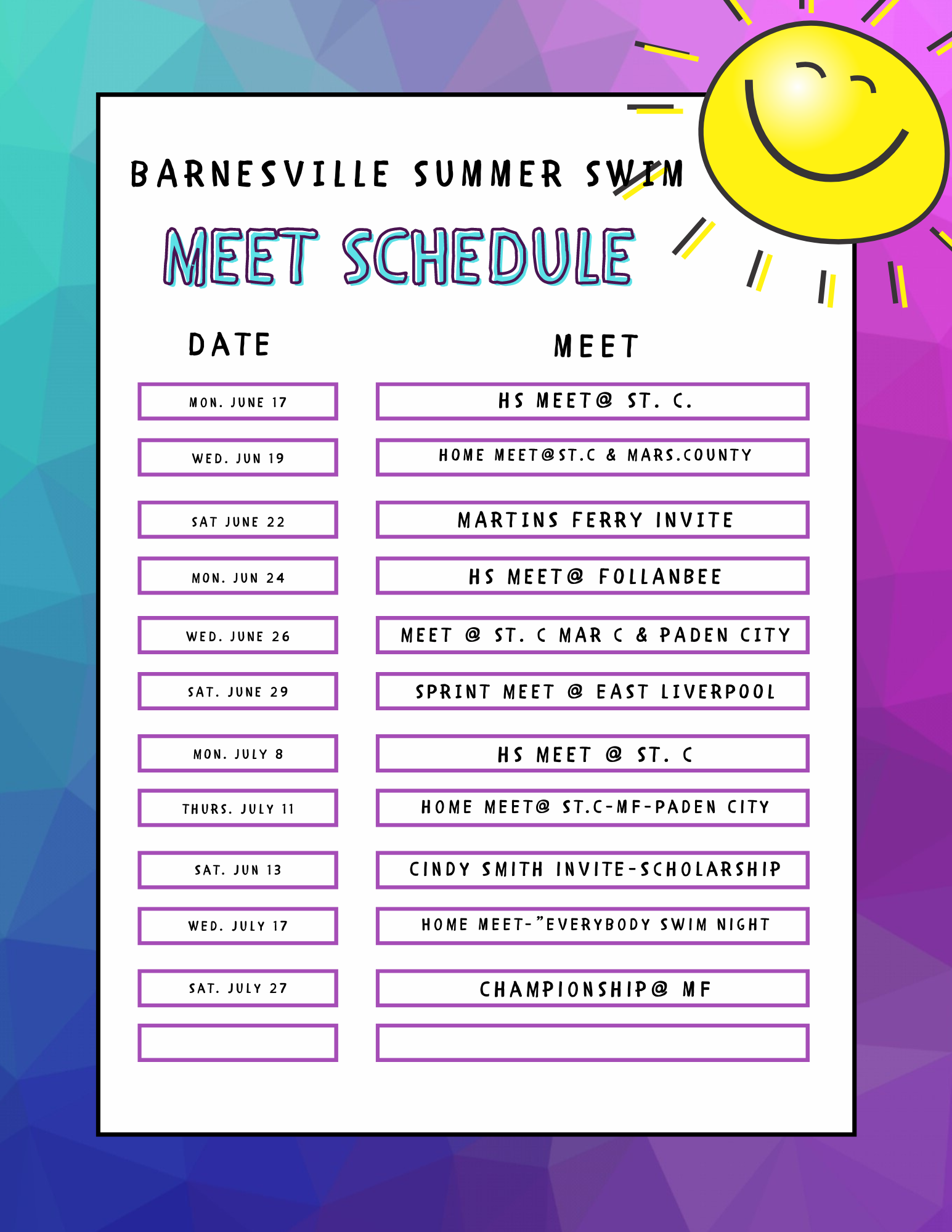 MEET SCHEDULE - Barnesville Summer Swim Team