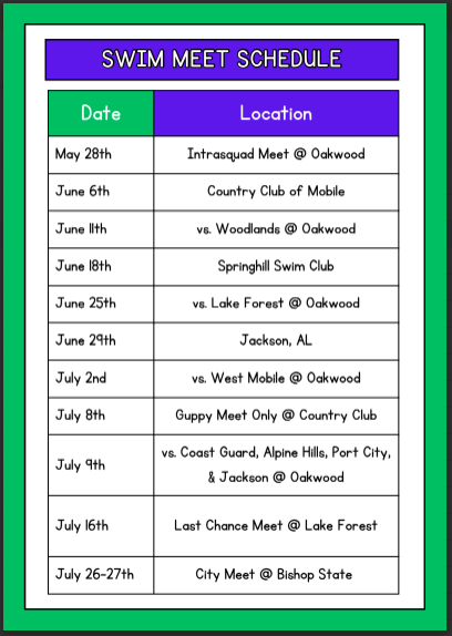 Meet and Practice Schedule - Oakwood Stingrays