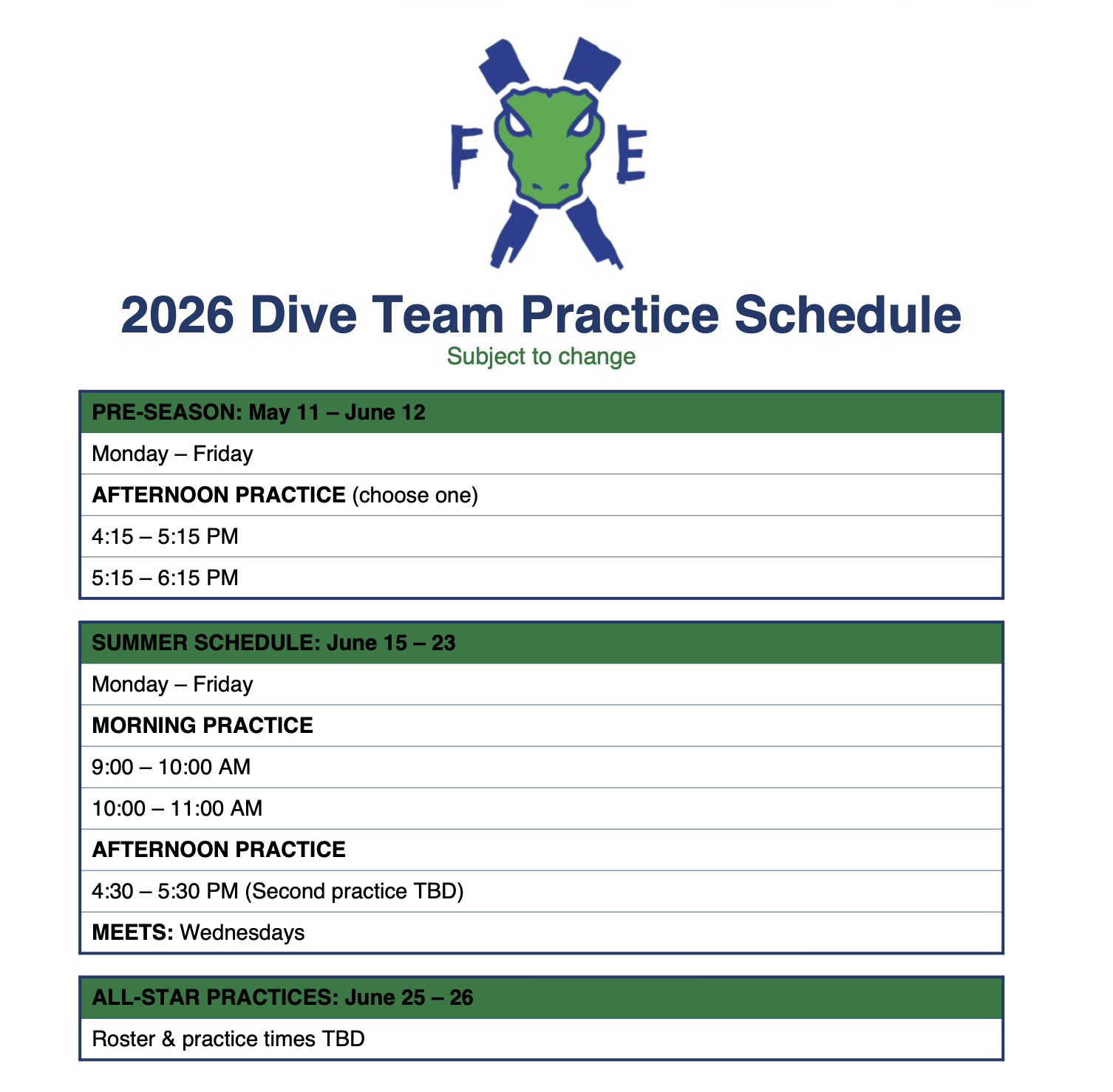 Practice Schedule - Foxcroft East Gators