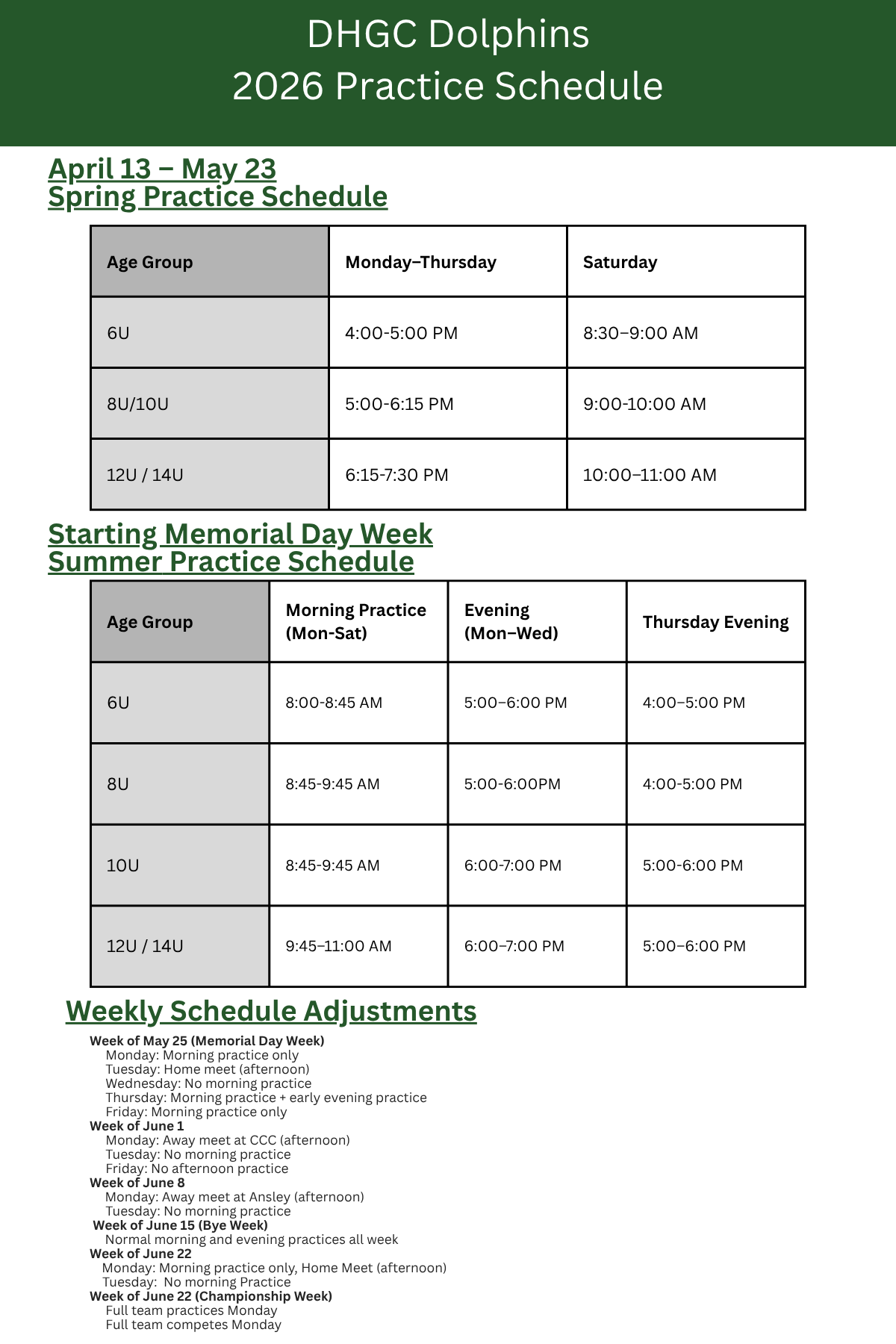 Practice Schedule - Druid Hills Golf Club Dolphins