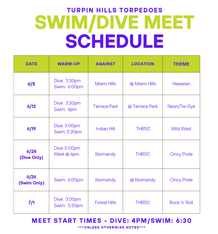 Meet & Practice Schedule - Turpin Hills Swim & Dive