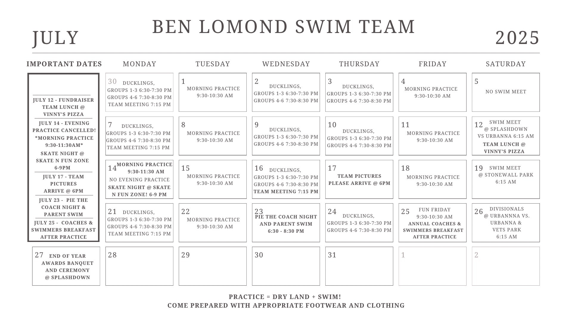 Practice Schedule - BEN LOMOND SWIM TEAM